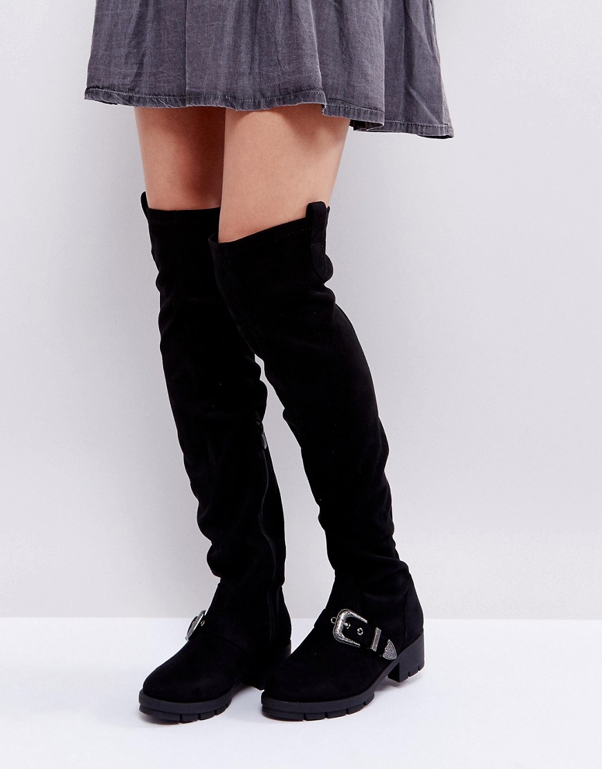 Truffle Collection Flat Chunky Over The Knee Boots – Black – Trendization