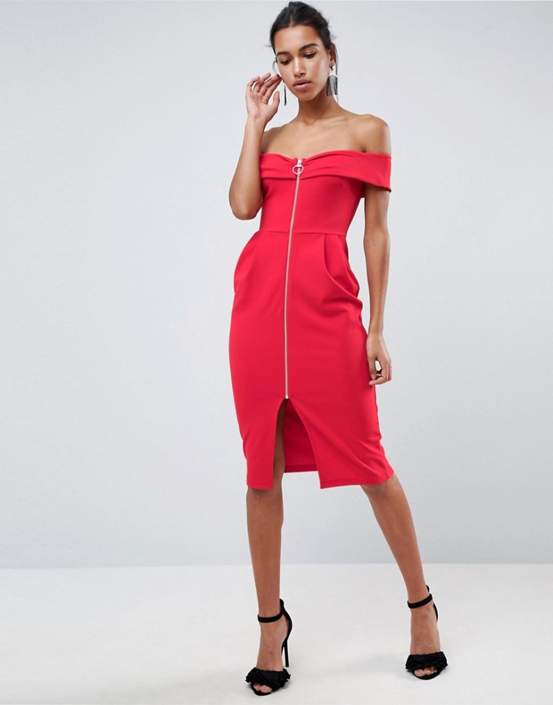 ASOS Bardot Zip Through Midi Dress – Red – Trendization