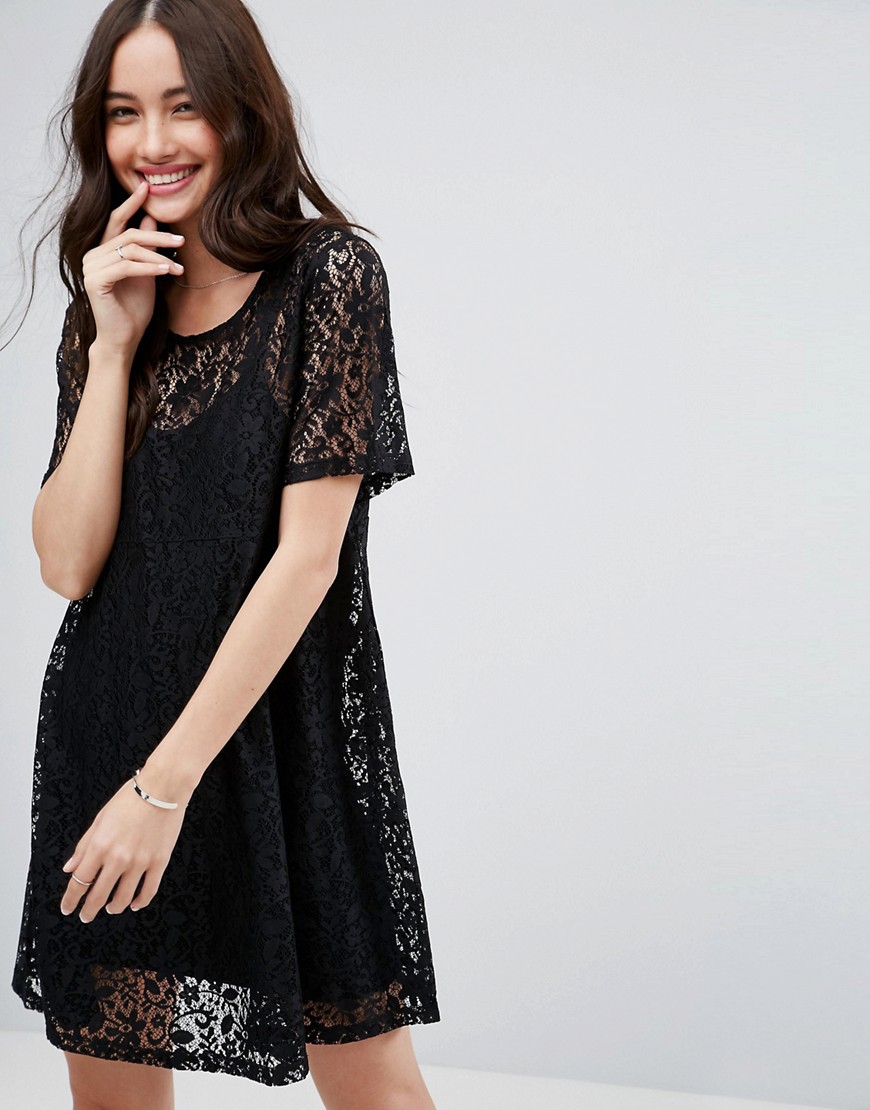 ASOS Mini Lace T-Shirt Dress – Black – Trendization