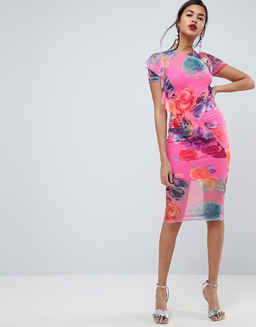 ASOS Printed Mesh Midi Dress With Frill Detail – Multi – Trendization