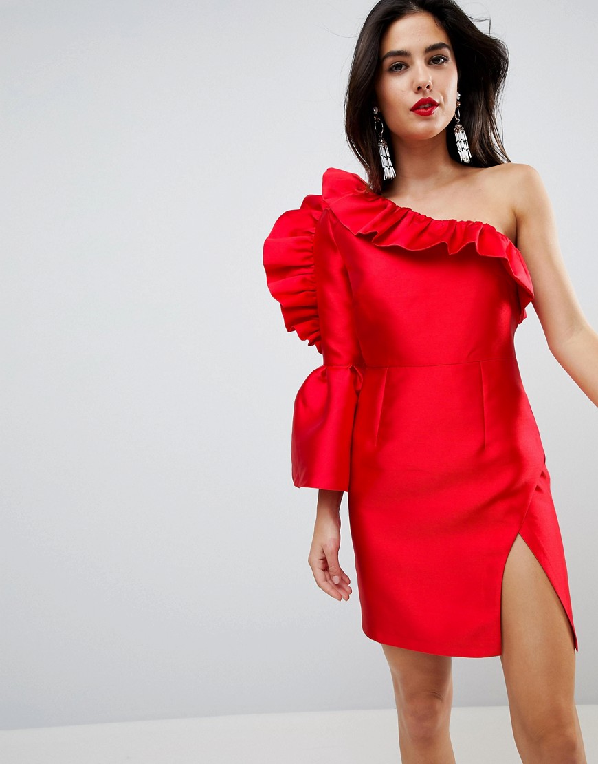 ASOS Ruffle One Shoulder Cocktail Mini Dress – Red – Trendization