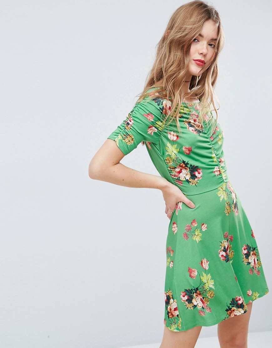 ASOS Mini Tea Dress with Rouching Detail in Green Floral Print – Multi ...